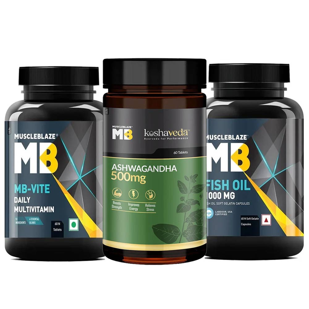 MuscleBlaze Fish Oil & MB-VITE Daily Multivitamin & Ashwagandha 60 Tabs ...
