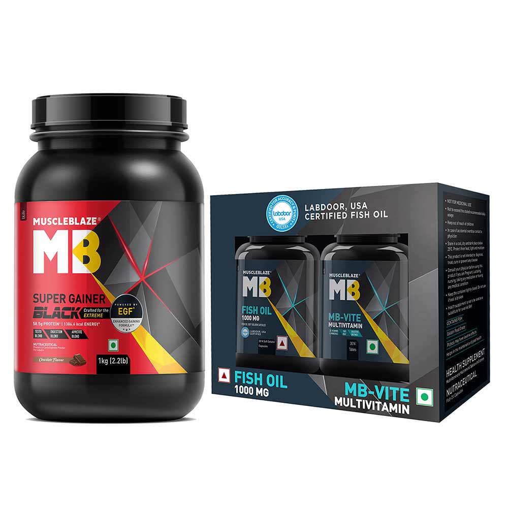 MuscleBlaze Super Gainer Black 1kg Chocolate with Fish Oil 1000mg 30 ...
